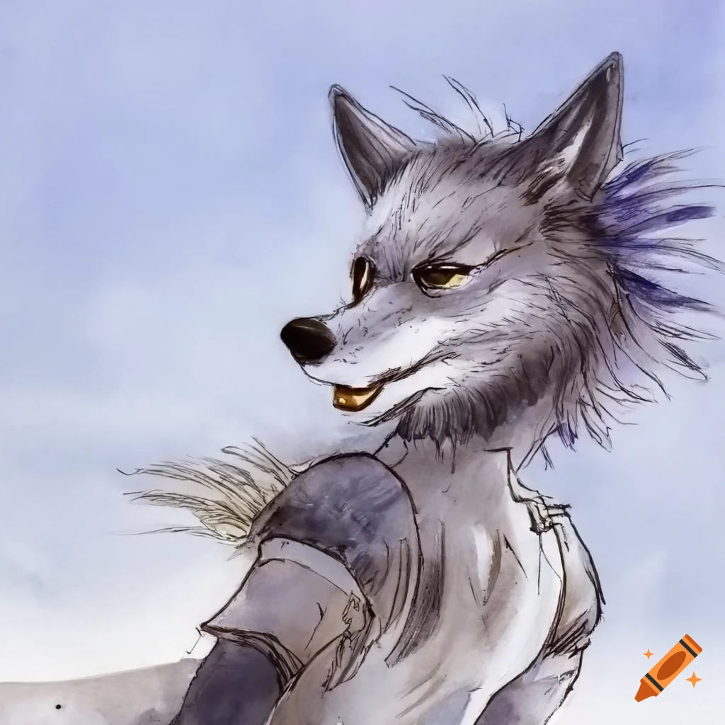 Skinny and fluffy female wolf character in manga ink sketch and ...