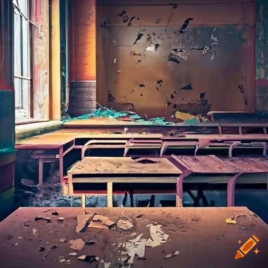 Dirty and abandoned classroom with desks arranged in rows and broken ...