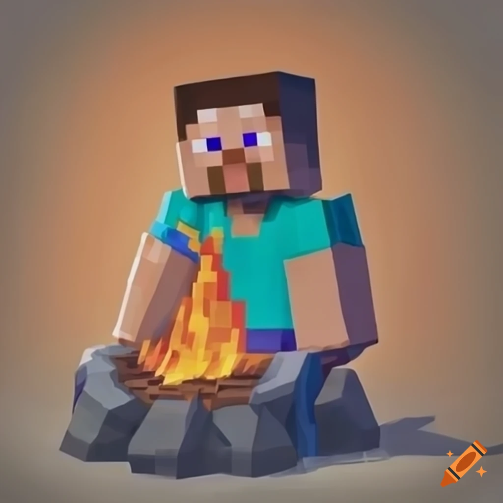 Minecraft steve sitting by a campfire in realistic hd