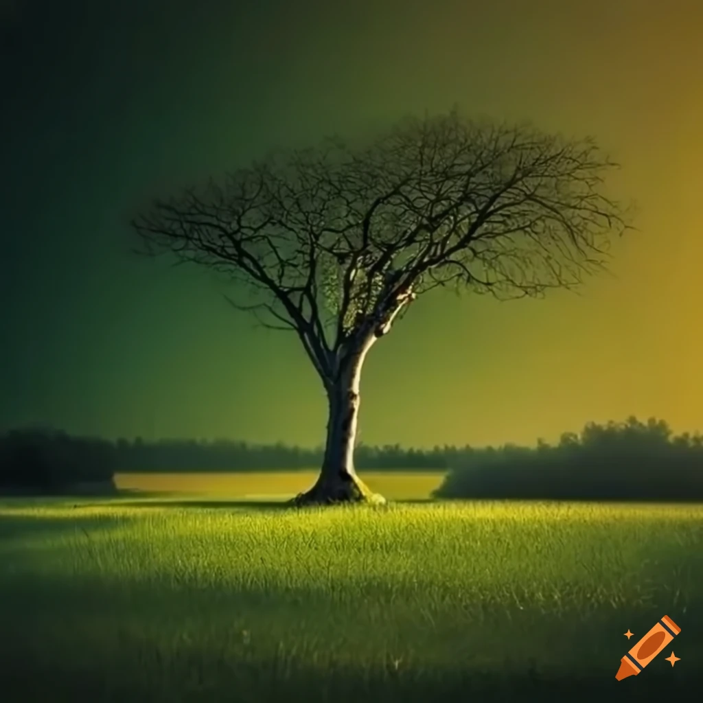Single bare tree with branches in a grassy field on Craiyon