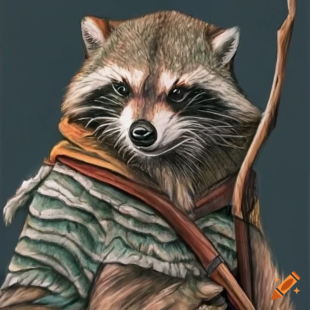 Color pencil sketch of a raccoon archer in skyrim