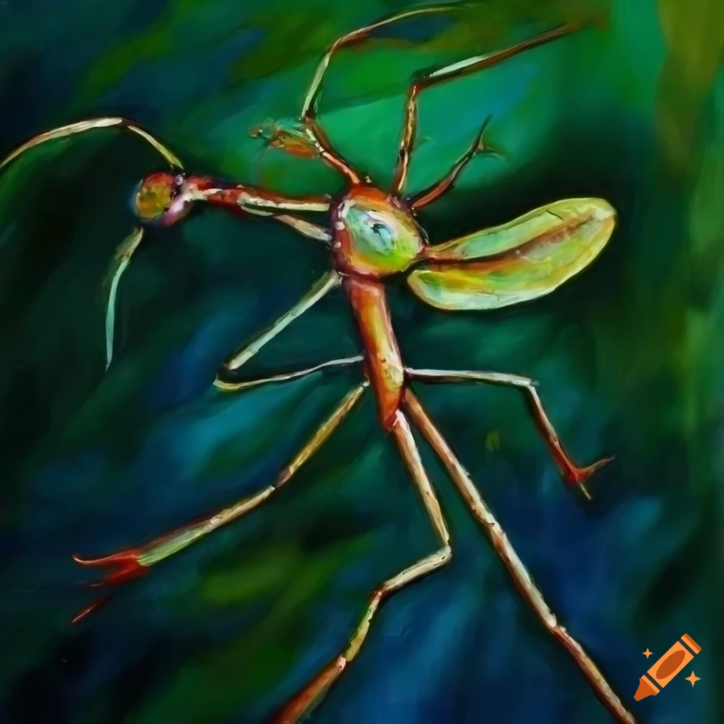 Walking stick insect on a magical leaf in impressionist style