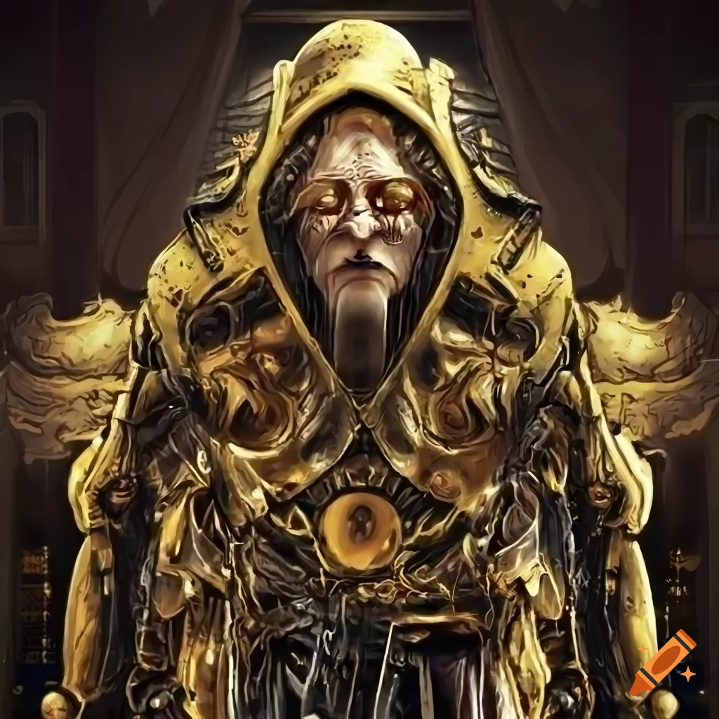 Robot wizard with gold skin in the style of Marc Simonetti on Craiyon
