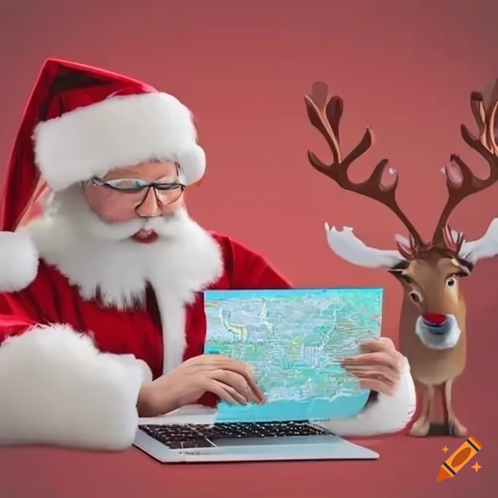 Santa claus with laptop checking the map with reindeers in the background