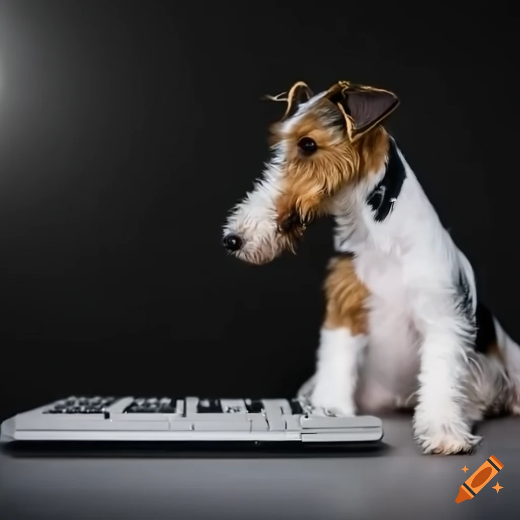 Wire fox terrier playing computer