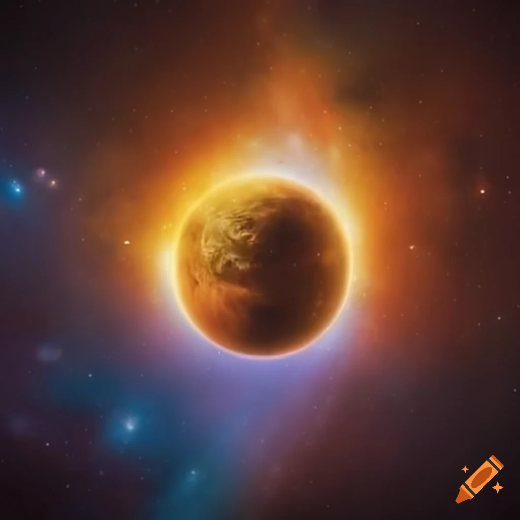 Shimmering golden planet in an intergalactic scene