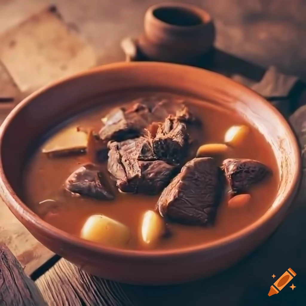 Venison stew in a clay bowl on a rustic wooden table with medieval ...