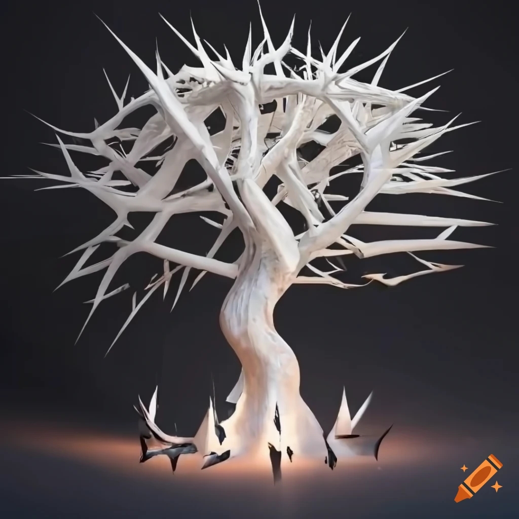 White marble tree with futuristic shape and sharp thorns