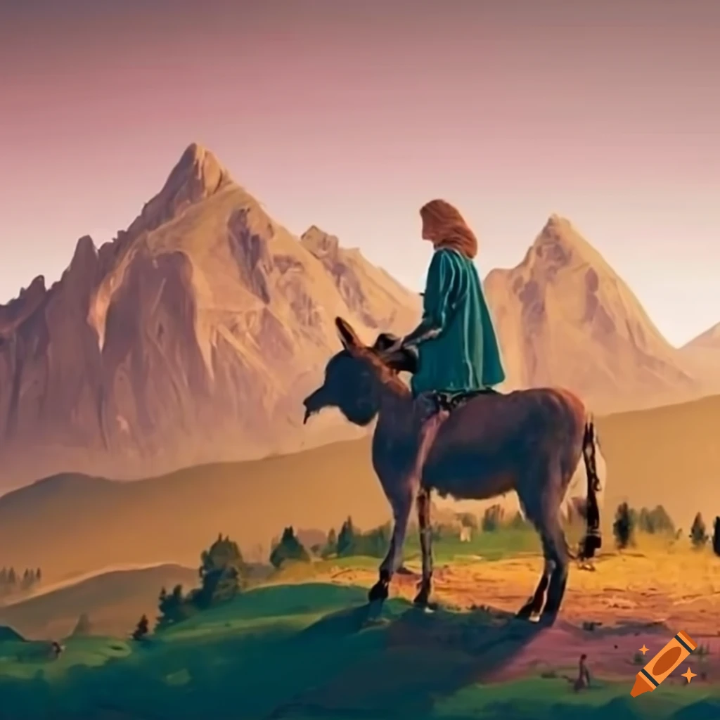 Olden day woman riding a donkey through mountains on Craiyon