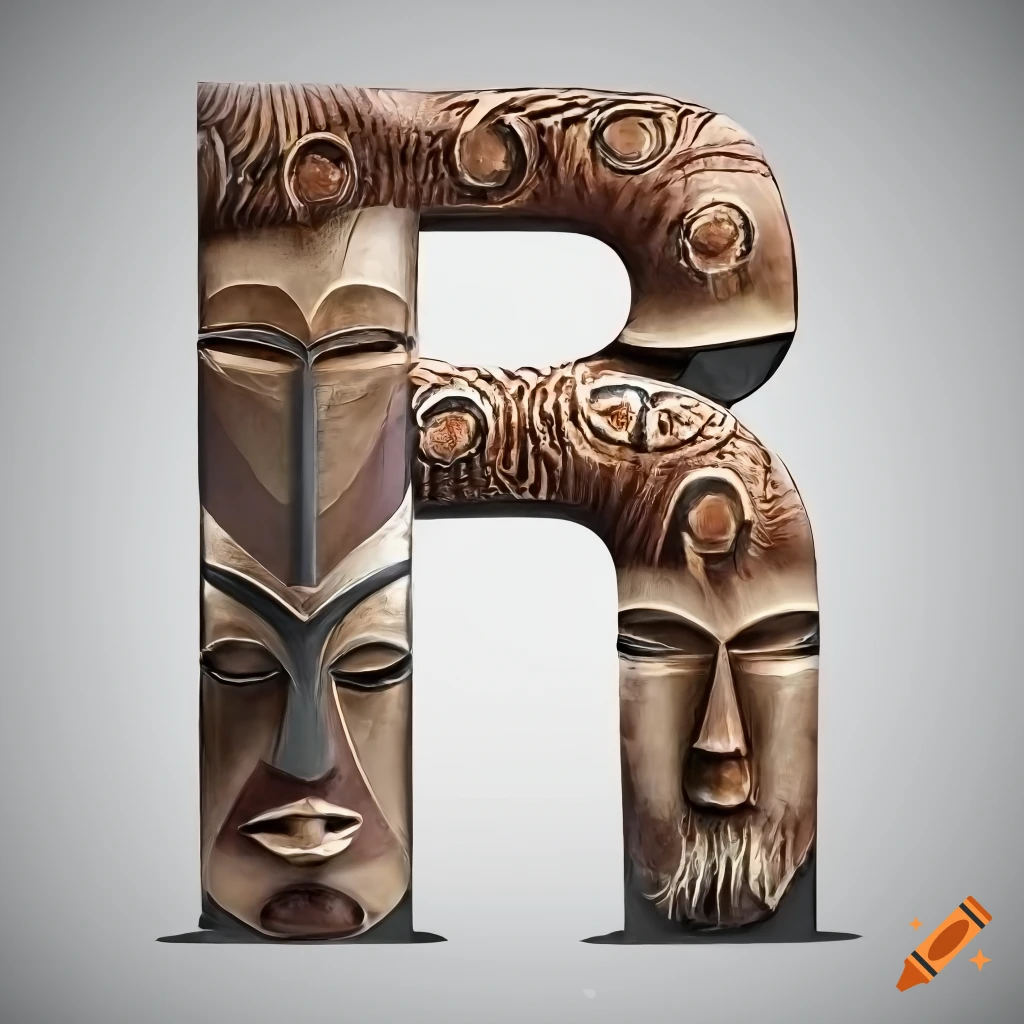 African masks engraved in the letter R on white background on Craiyon