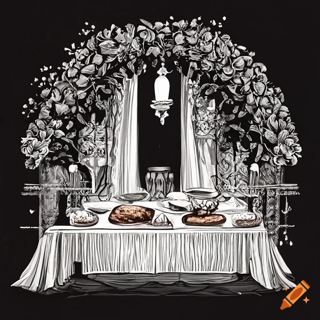 Traditional slavic wedding with long table, food, and baroque wedding arch