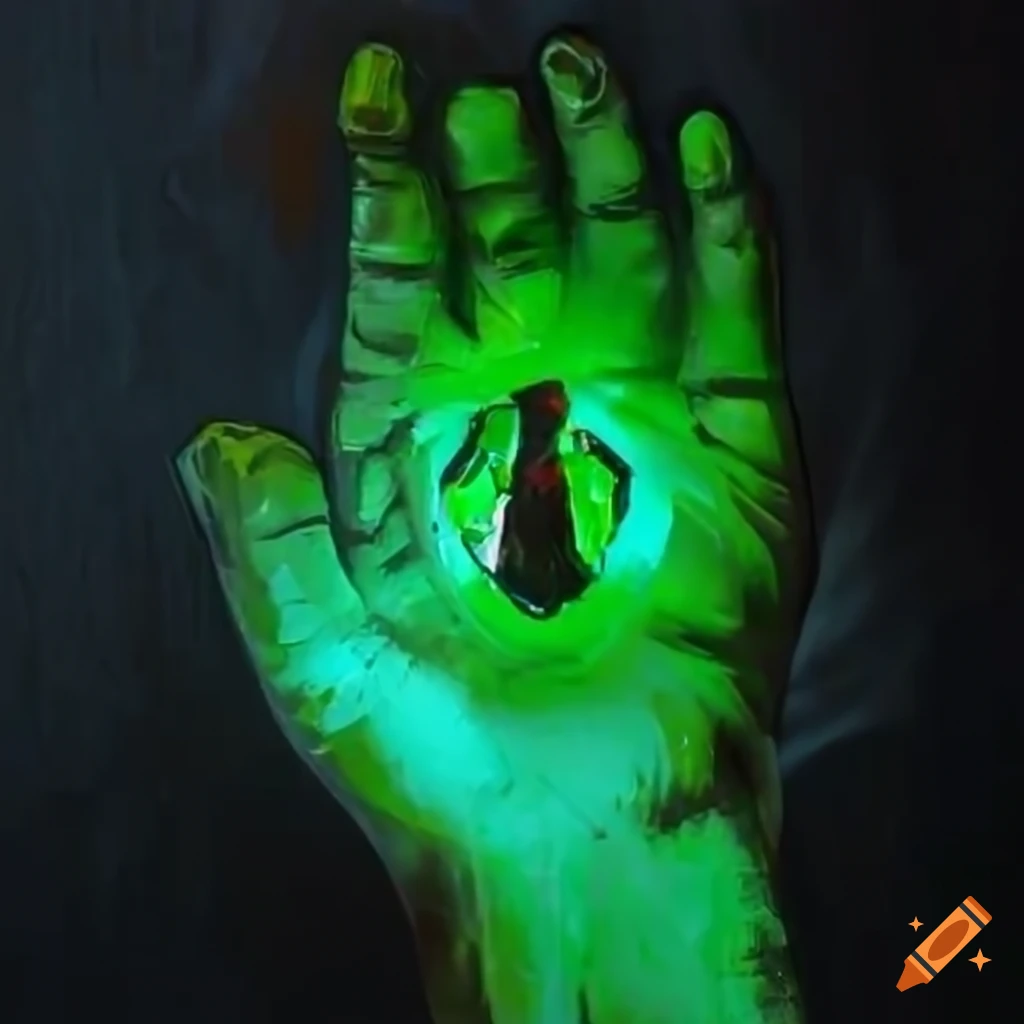 Knife palette painting of a hand holding a green glowing gem with a ...