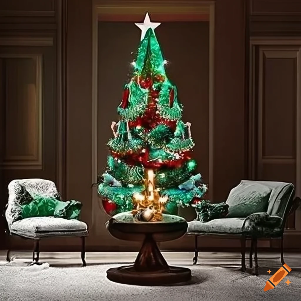 Surreal contemporary art Christmas tree with various hanging ...