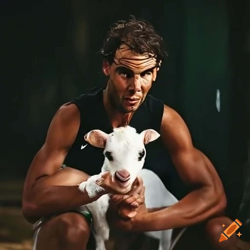 Rafael nadal petting a baby goat in a barn