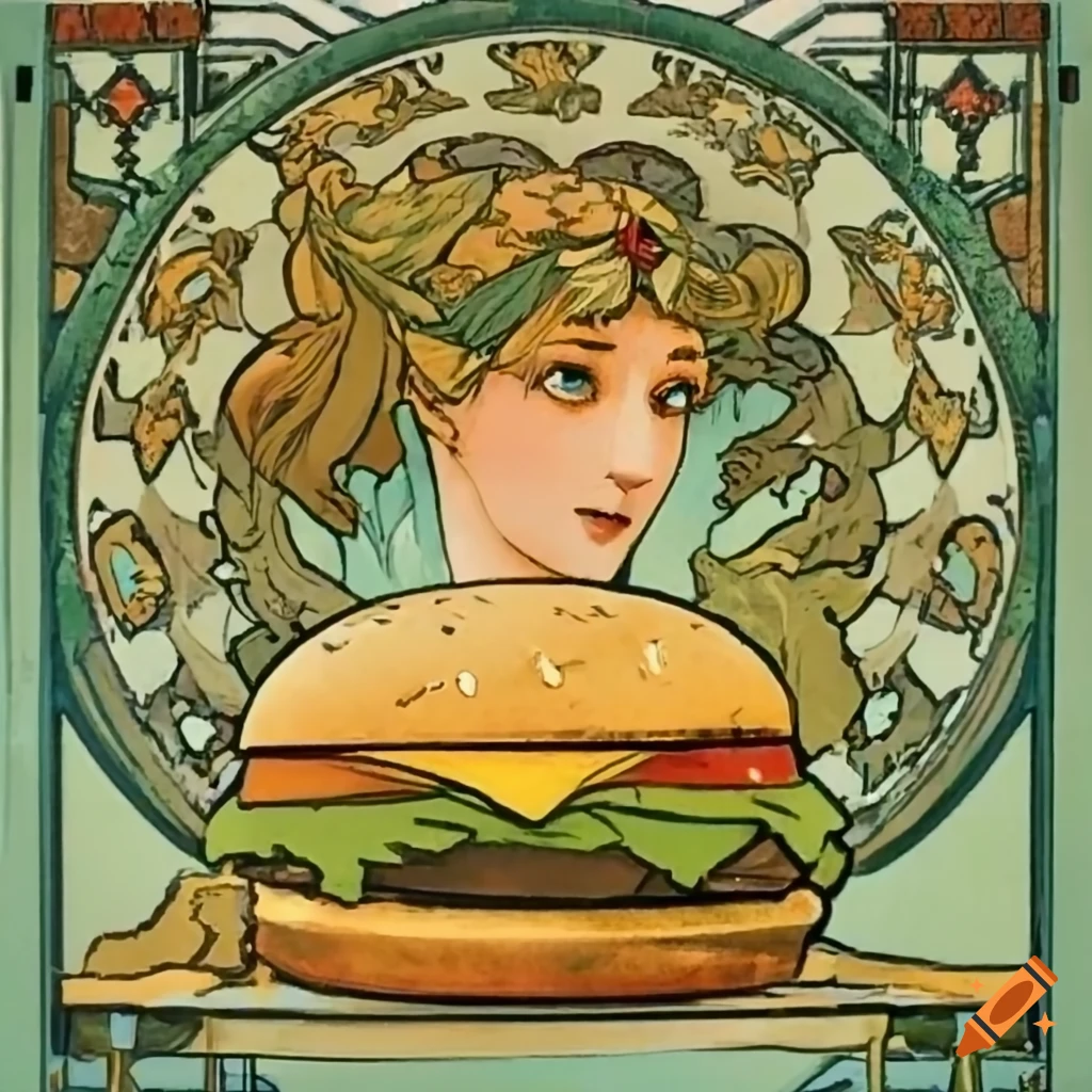 Illustration of a cheeseburger and fries in the style of Alphonse Mucha ...