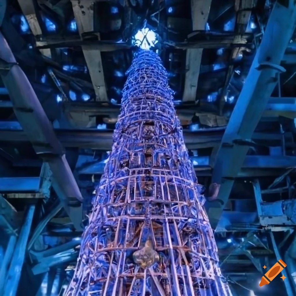 Massive steel christmas tree with industrial background