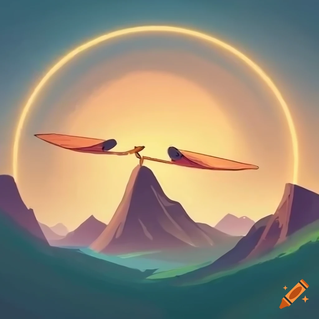 Wooden glider flying through a windy mountain valley in cartoon style ...