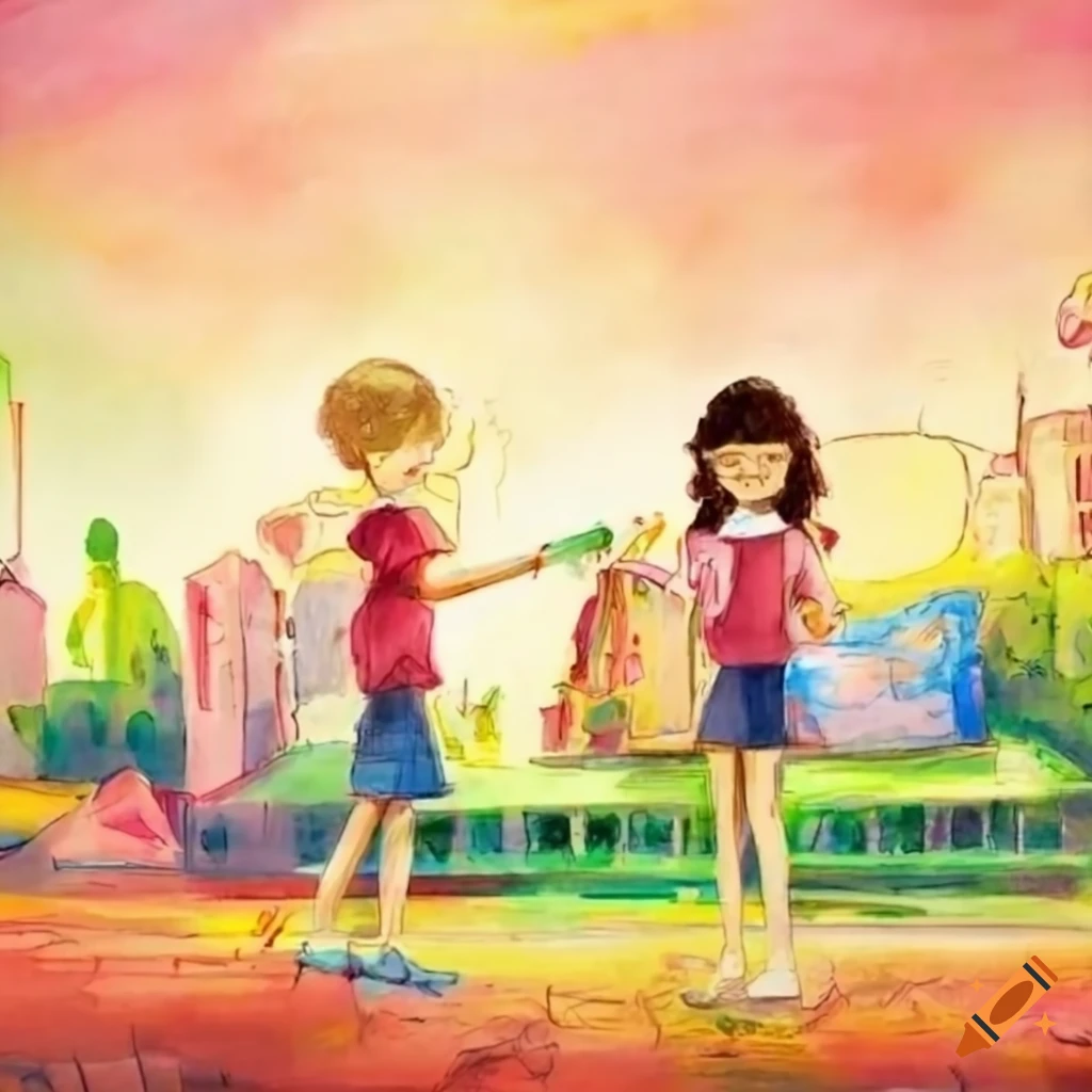 Drawing of pupils standing in a town, one making notes