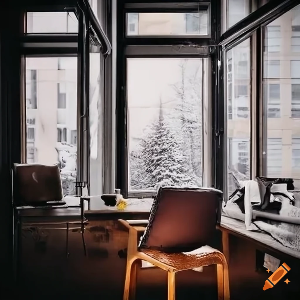Cozy office with snowy view from windows