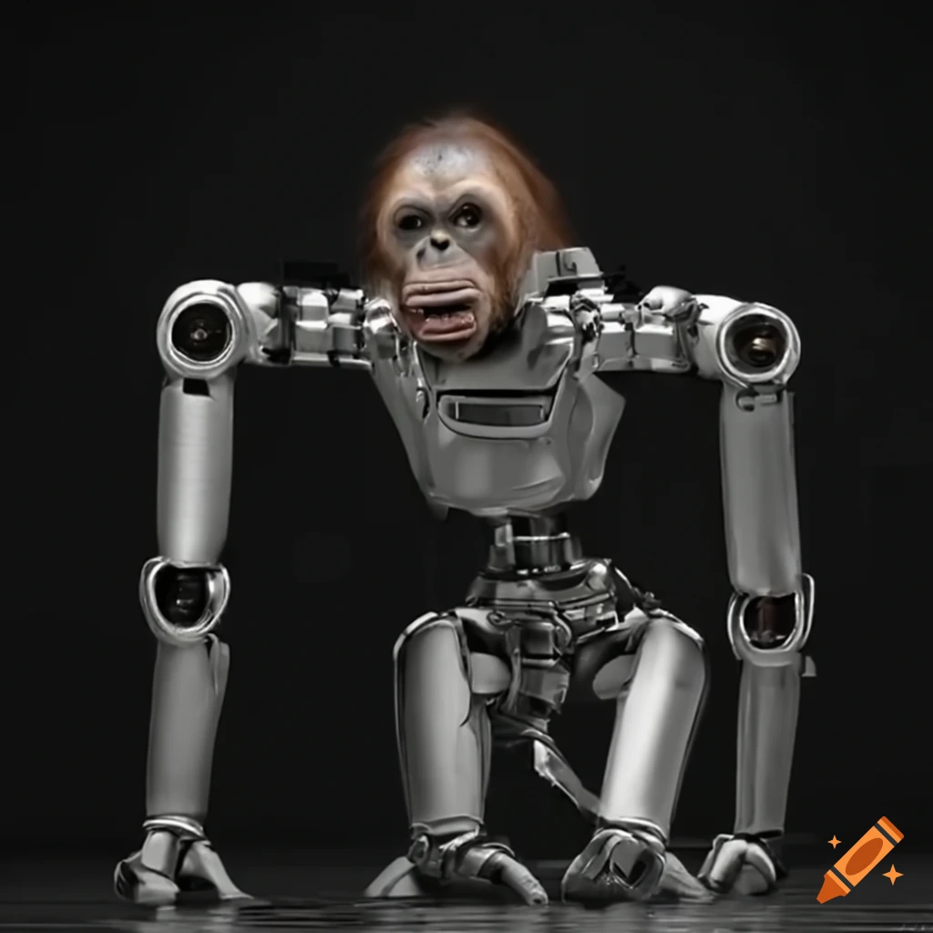 Titanium humanoid robot playing tag with an orangutan