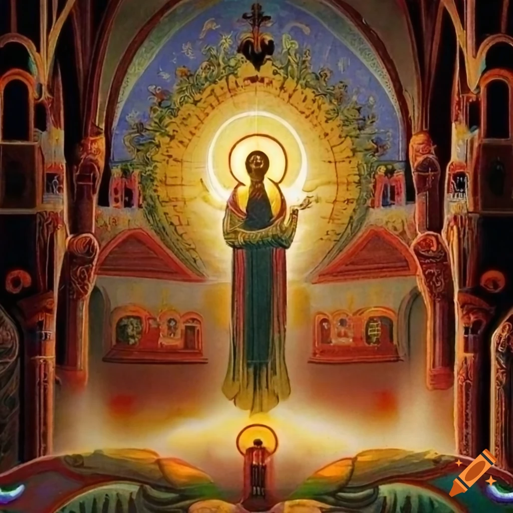 Old orthodox structure with icon of the creation and pages of the bible ...