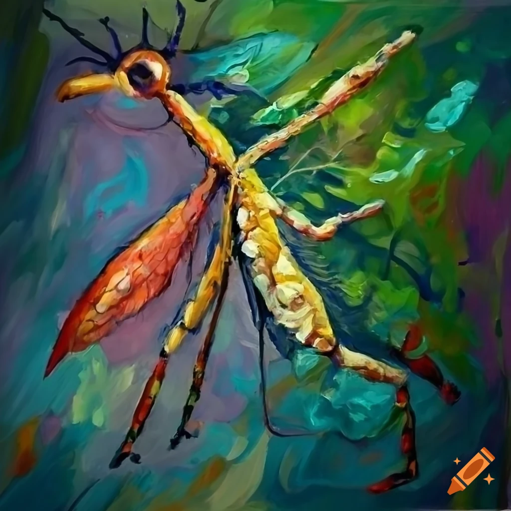Walking stick insect on a magical leaf in impressionist style