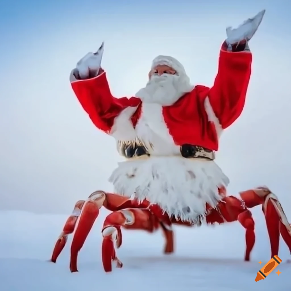Santa claus flying on a giant crab in a snowy sky on Craiyon
