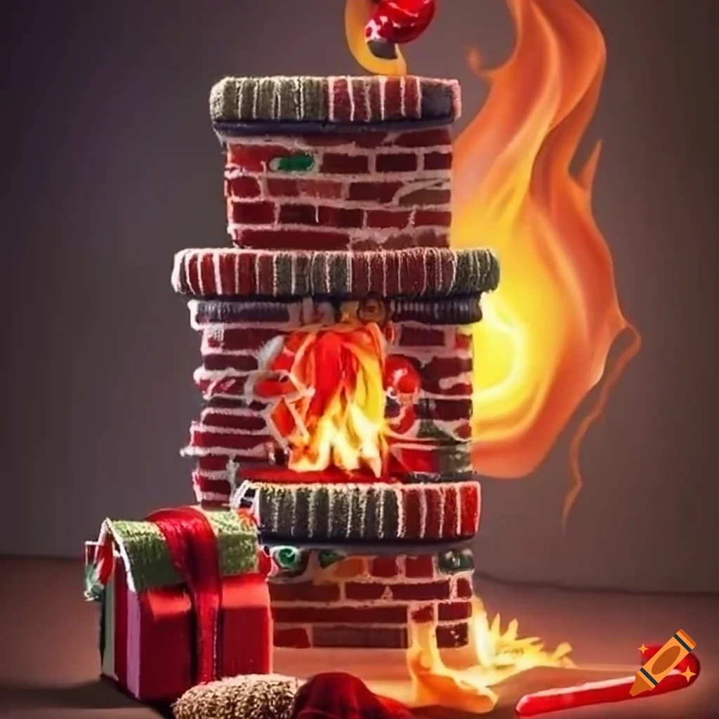 Chimney for Santa made of Christmas socks, presents, bricks, fire, and ...