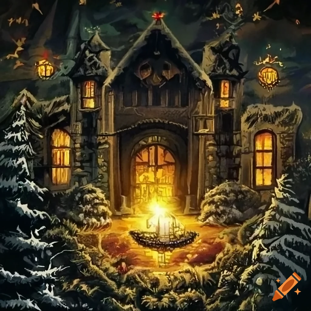 Haunted house among christmas trees in a sinister fantasy