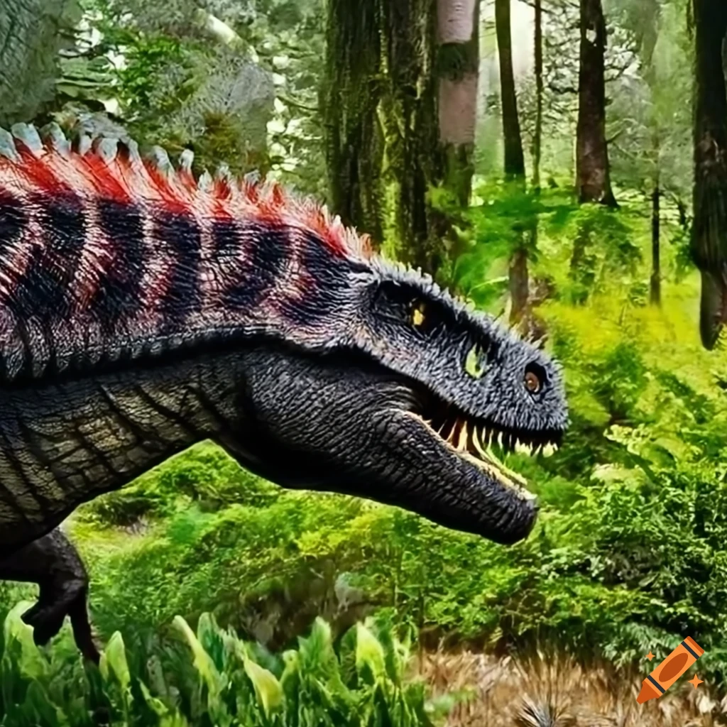 Vibrant Indominus Rex and Pyroraptor hybrid in a forest during the day ...
