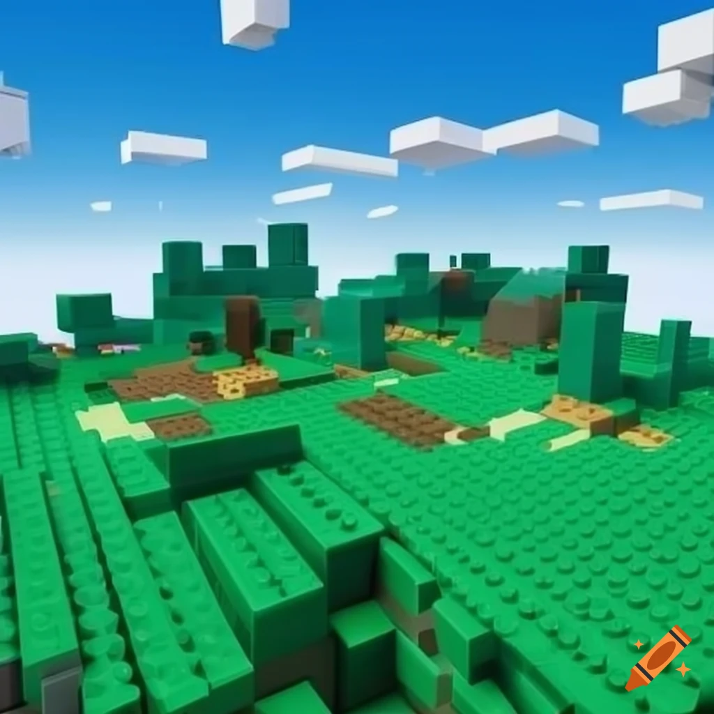 Minecraft Lego landscape of grass plains and mountains on Craiyon