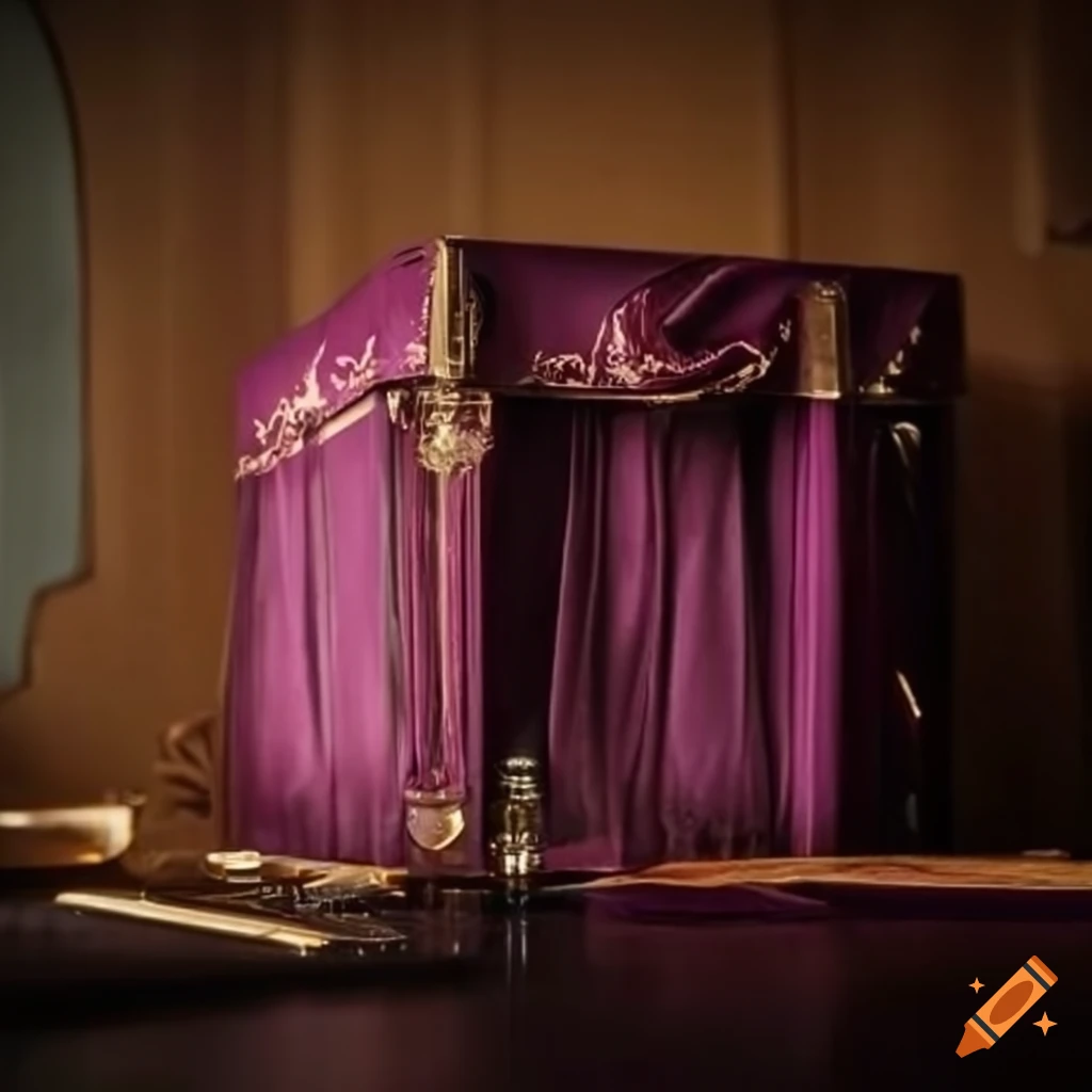 Small Hendrick's themed box with purple curtains and a small bar desk ...