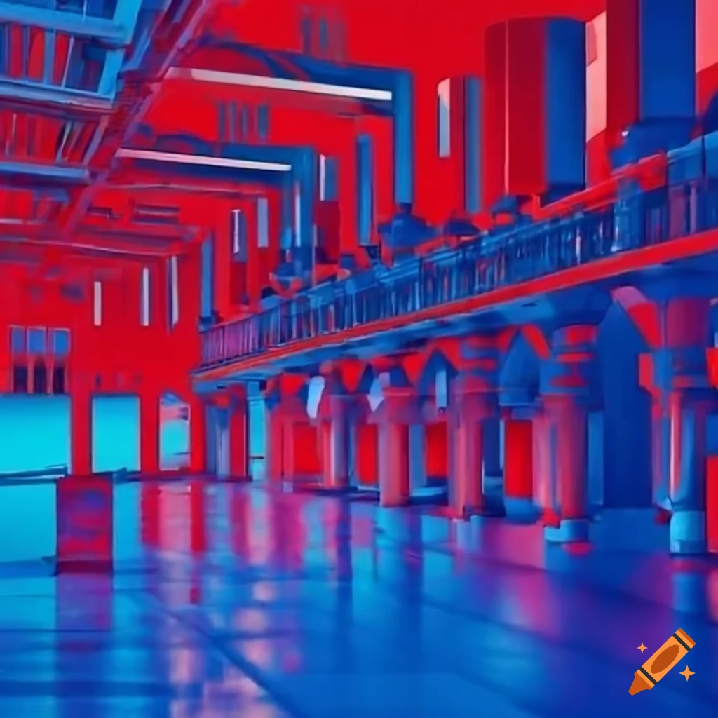Red and blue industrial factory scene