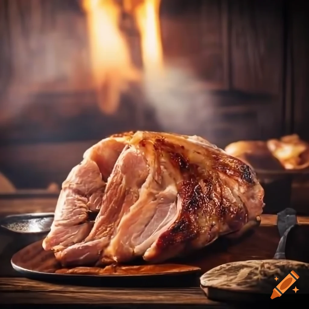 Roasted pork on rustic wooden table with cinematic lighting on Craiyon