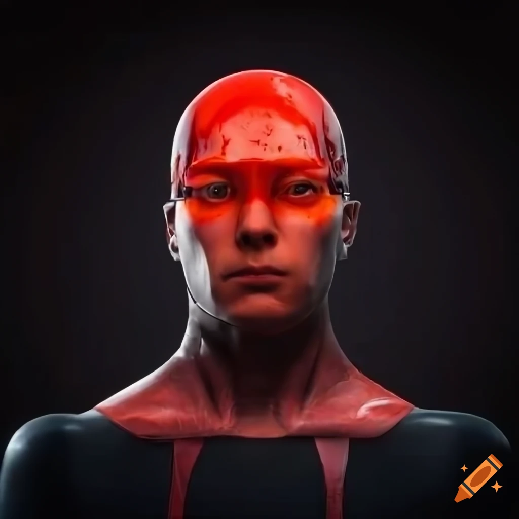 Eurasian male cyborg with white helmet, red leotard, and orange goggles ...