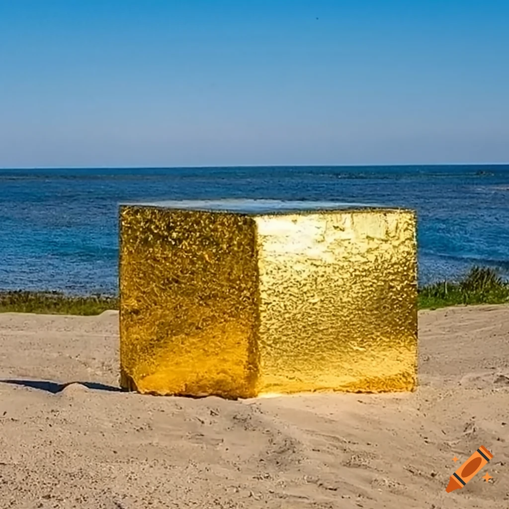 Highly detailed sculpture of gold blocks on a sandy shore on Craiyon