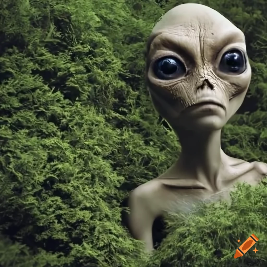 Alien with futuristic gear hiding in bushes near a house on Craiyon