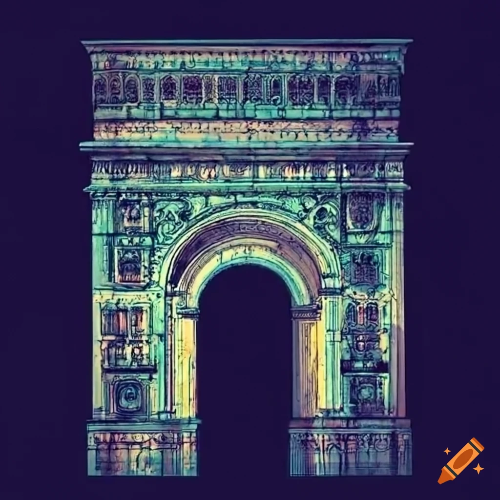 Detailed blueprint drawing of a roman arch with intricate carvings