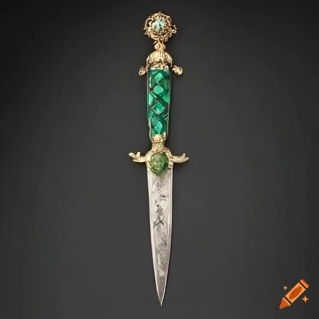 Silver dagger with emerald stone and serpentine etchings on Craiyon