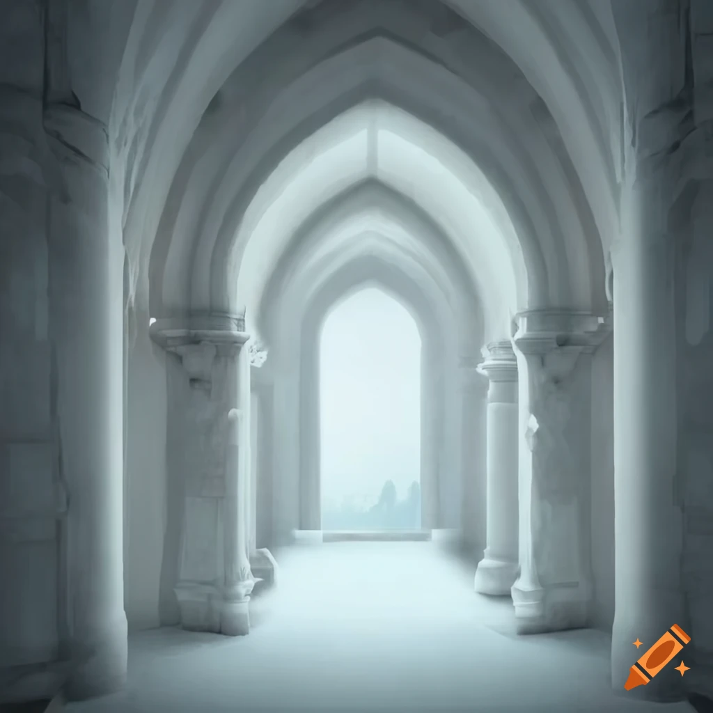 Sleek white stone castle hallway with candlelit towering walls in a fantasy setting