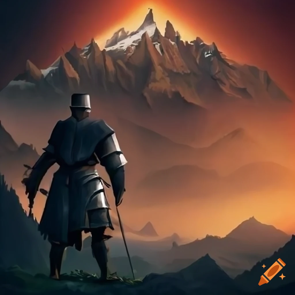 Knight overlooking mountains