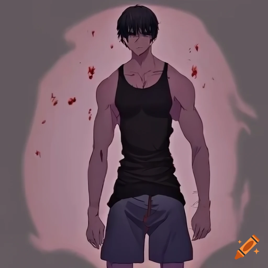 Tall and muscular anime boy in a black tank top on Craiyon