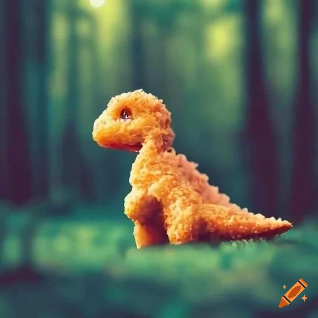 Cute dinosaur-shaped breaded cutlet in a detailed forest on Craiyon