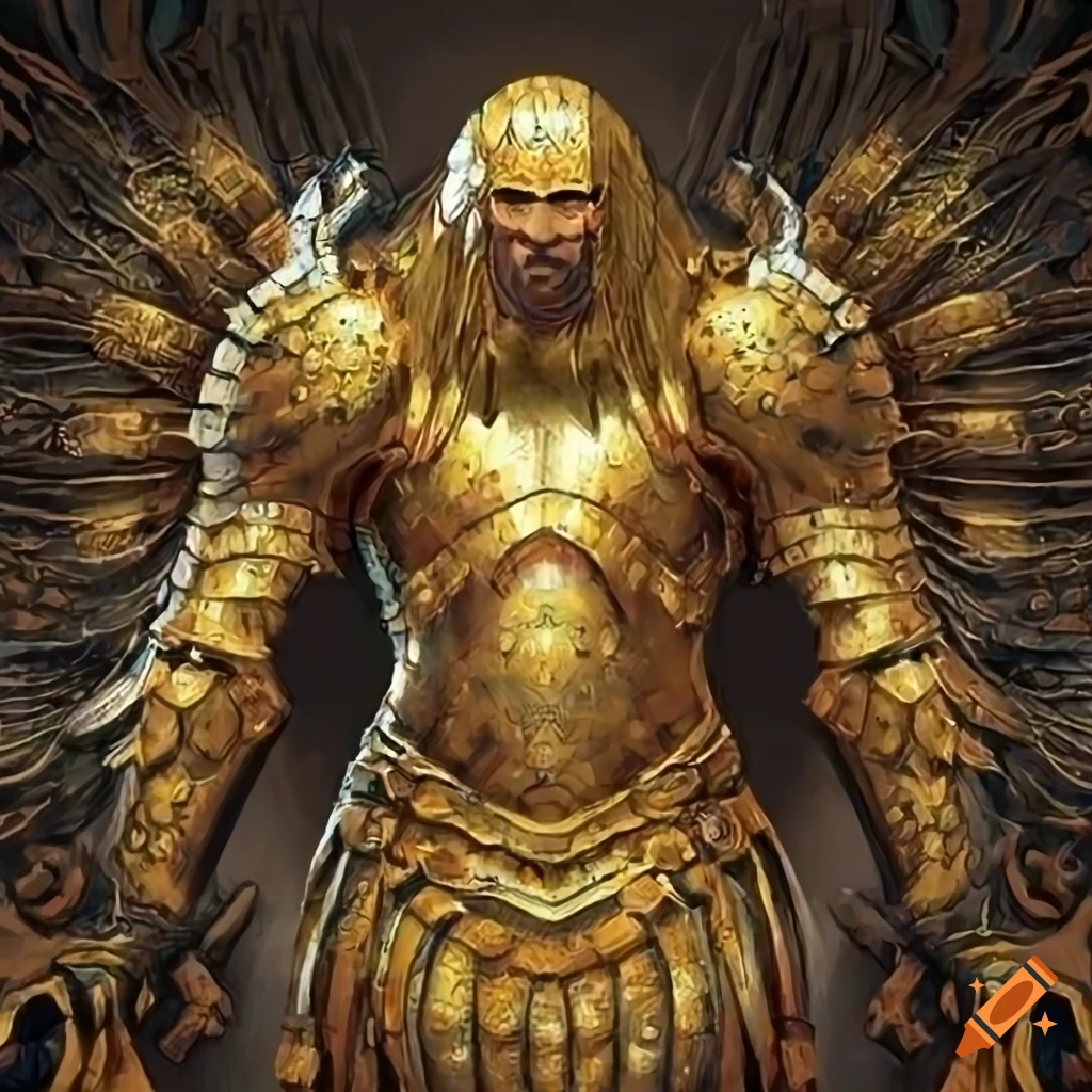 Giant in gold tribal armor inspired by marc simonetti
