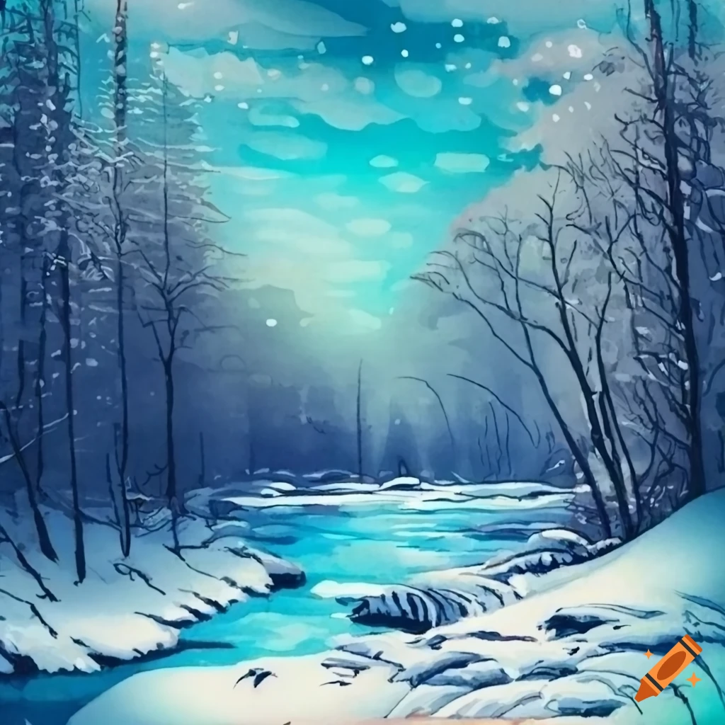 Winter forest near a river on Craiyon