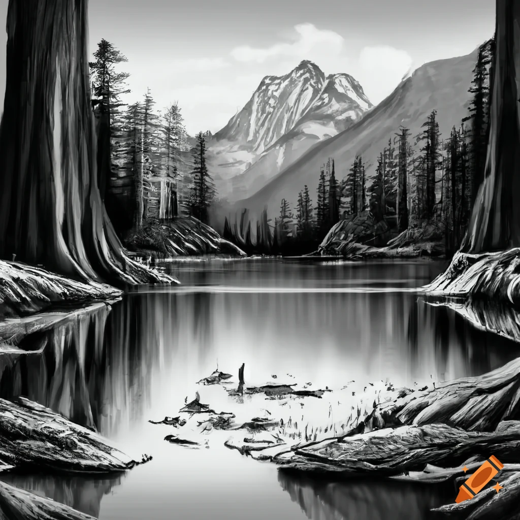 Black and white drawing of a beaver-inhabited redwood forest lake with ...