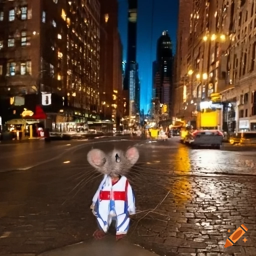 Mouse in striped suit walking in new york city at night