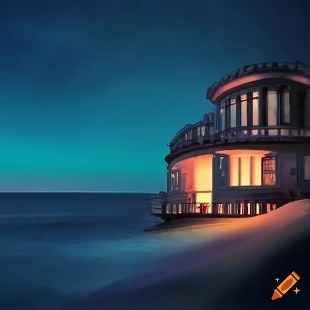 Blade runner style beach house mansion with tall waves and moonlit ocean