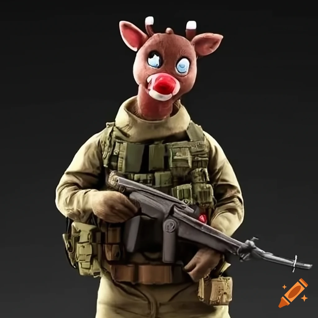 Reindeer wearing military gear
