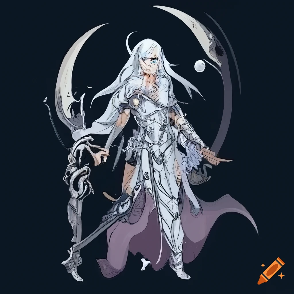 White haired moon elf cleric in plate armor with a moon shaped scythe ...